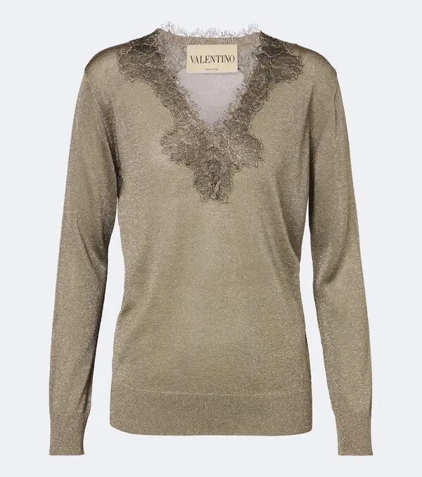 Valentino Garavani Lace-trimmed Metallic Sweater - Gold