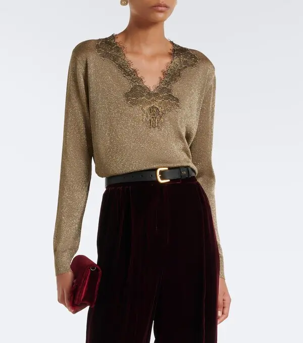 Valentino Garavani Lace-trimmed Metallic Sweater