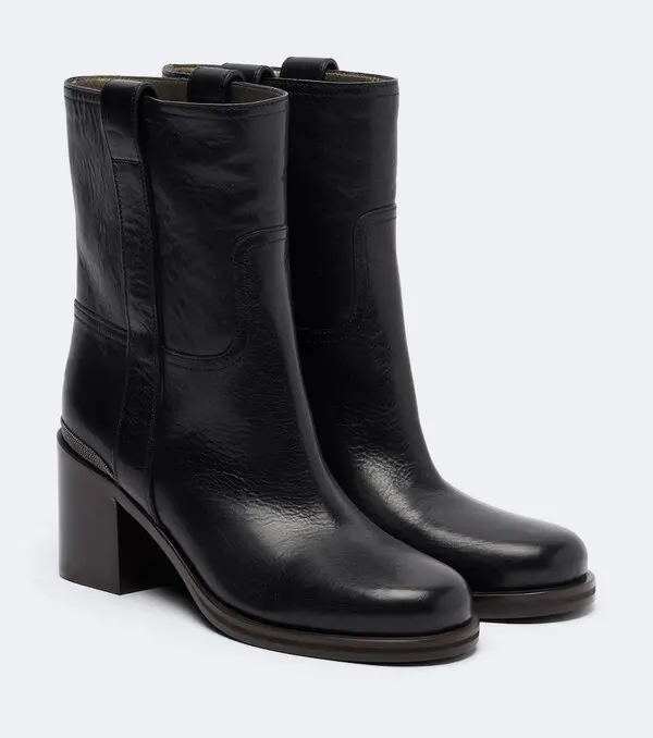 Brunello Cucinelli Monili Leather Ankle Boots - Black