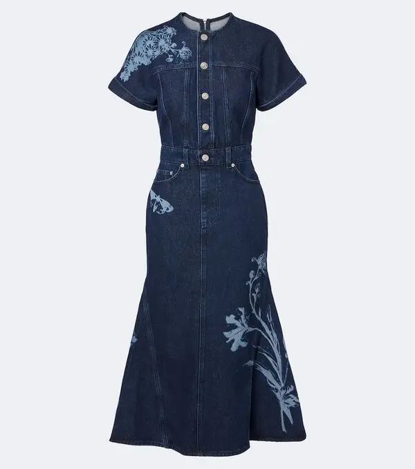 Erdem Printed Denim Midi Dress - Blue