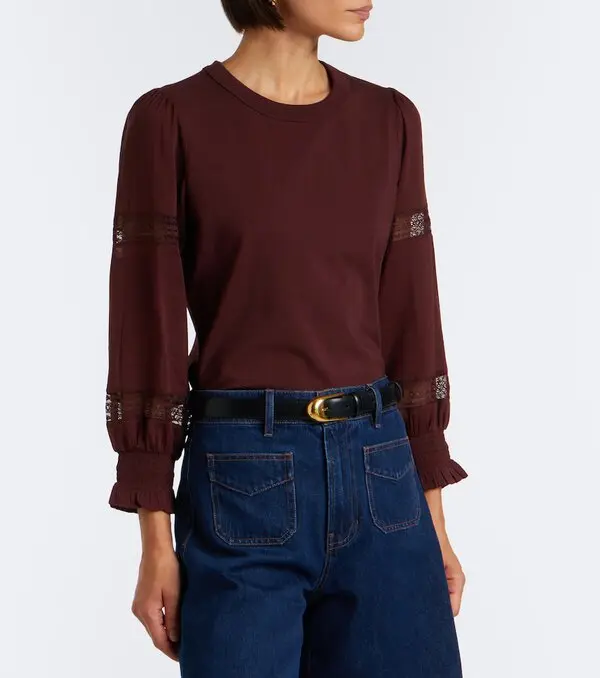 Veronica Beard Bellamie Lace-trimmed Cotton-blend Jersey Top - Brown