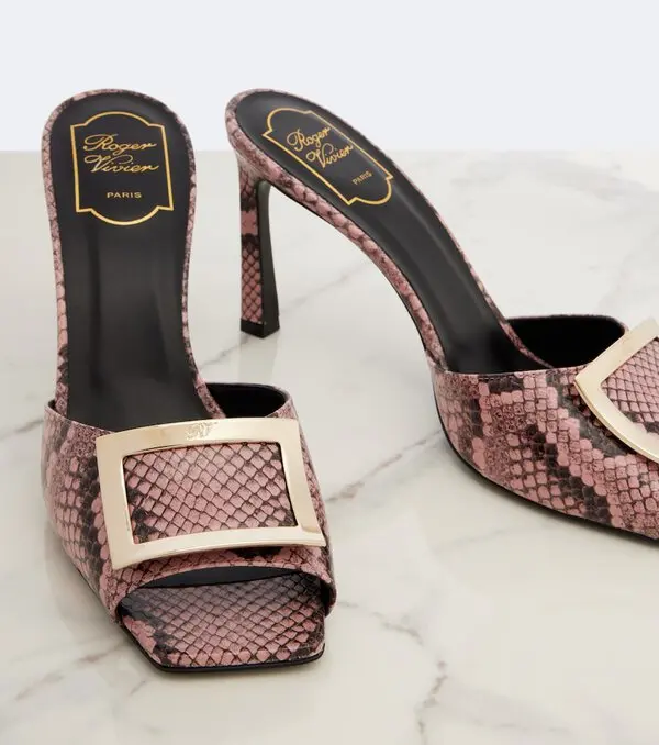 ROGER VIVIER Trompette Snake-print Leather Mules - Pink
