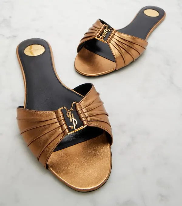 Saint Laurent Babylone Metallic Leather Slides - Gold