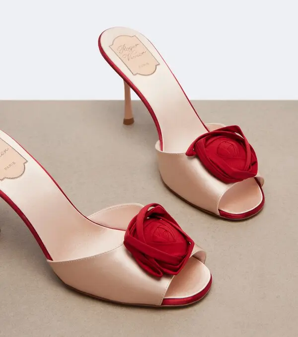 ROGER VIVIER Floral Appliqué Satin Mules - Pink