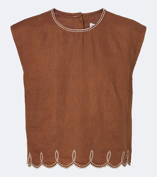 Veronica Beard Embroidered Linen Top - Brown