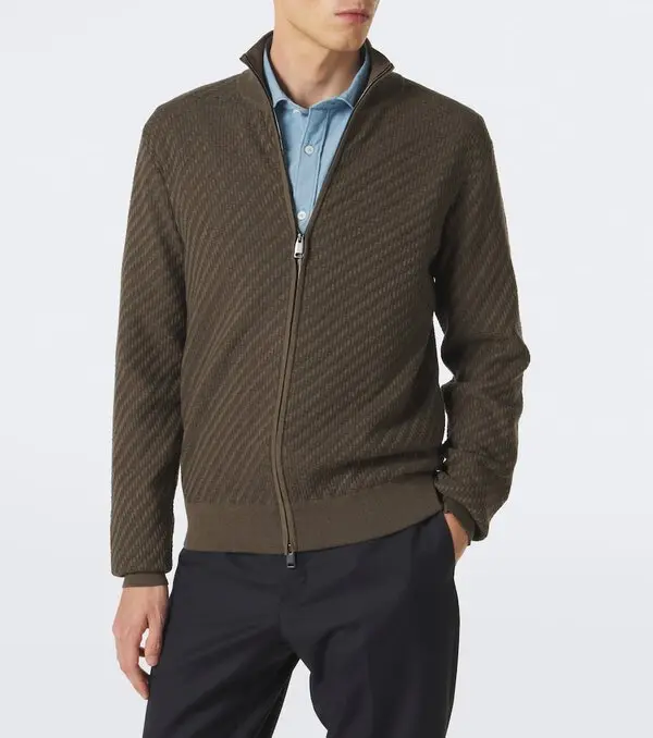 Brioni Jacquard Cotton, Silk, And Cashmere Zip-up Sweater