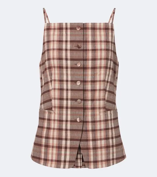Staud Una Plaid Linen-blend Top - Brown