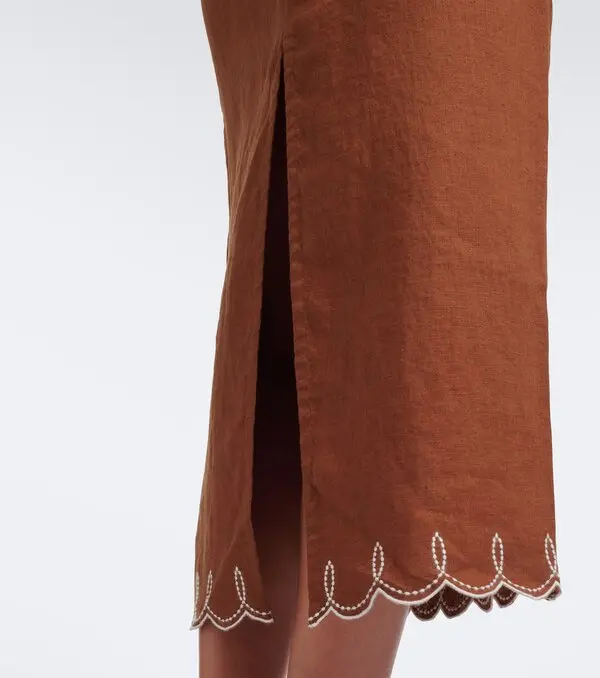 Veronica Beard Malou Embroidered Linen Midi Skirt - Brown