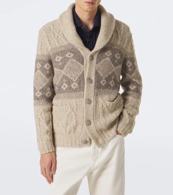 Brunello Cucinelli Jacquard Wool, Silk, And Cashmere Cardigan - Beige