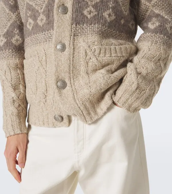 Brunello Cucinelli Jacquard Wool, Silk, And Cashmere Cardigan - Beige