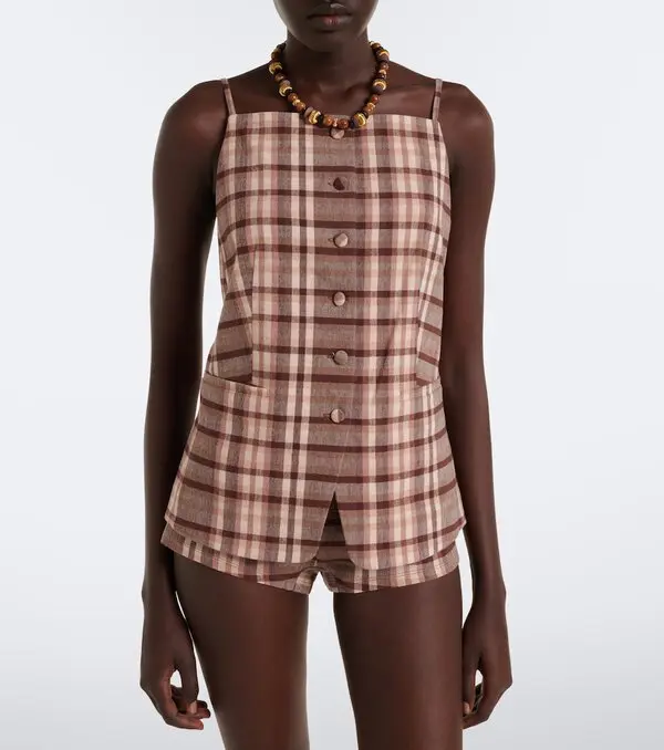 Staud Una Plaid Linen-blend Top - Brown