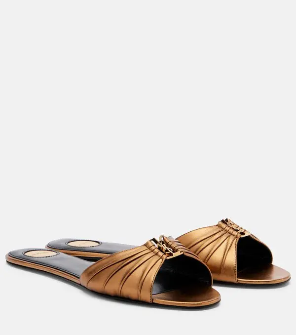 Saint Laurent Babylone Metallic Leather Slides - Gold