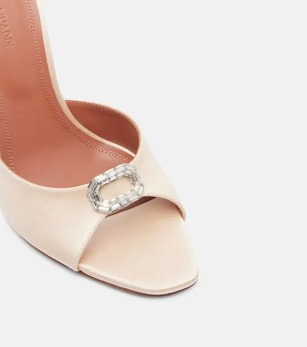 Amina Muaddi Mini Camelia Embellished Satin Mules - Beige