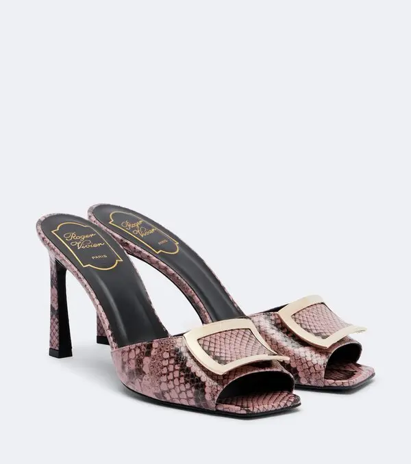 ROGER VIVIER Trompette Snakeskin Leather Mules - Pink