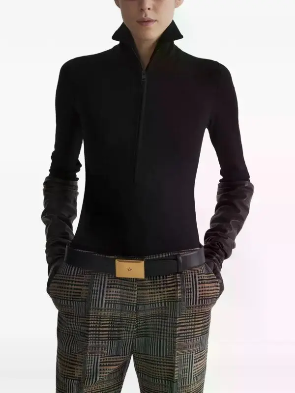 MUGLER Mock Collar Jersey Quarter Zip Long Sleeve Top