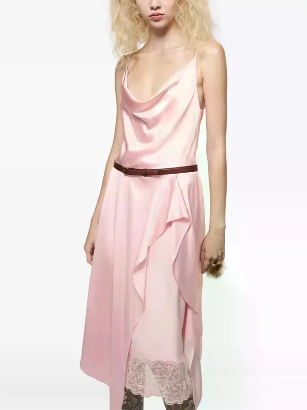 Acne Studios Shiny Satin Slip Dress With Ruffled Slit And Lace Underlayer