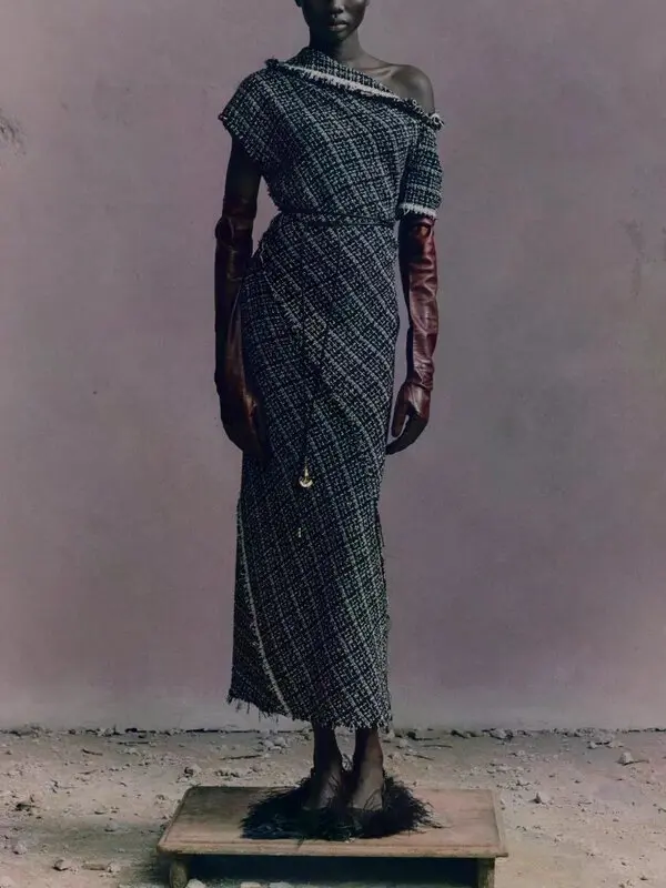 Erdem Asymmetrical Tweed Maxi Dress