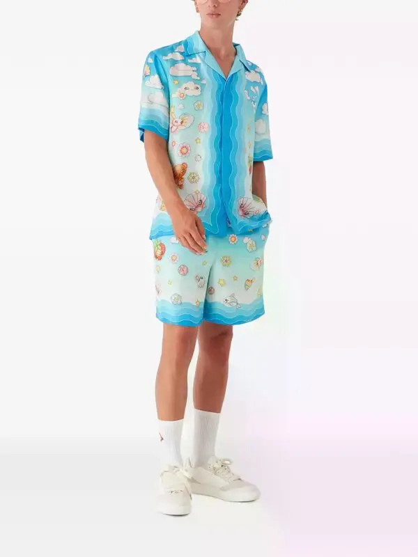Casablanca Silk Twill Shorts With Kawaii Motif - Blue