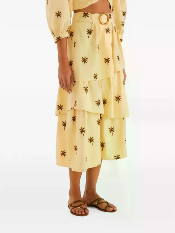Farm Rio Belted Midi Skirt With Palm Tree Embroidery