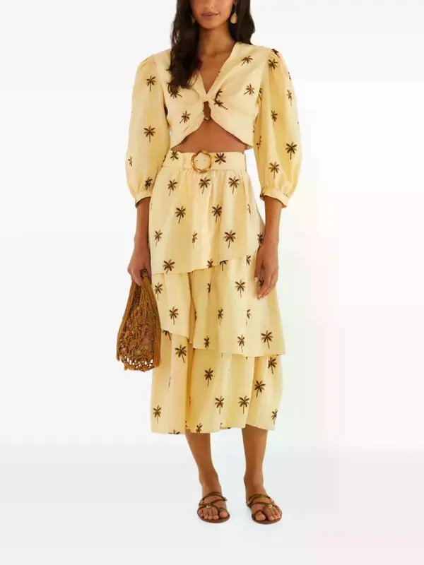 Farm Rio Belted Midi Skirt With Palm Tree Embroidery