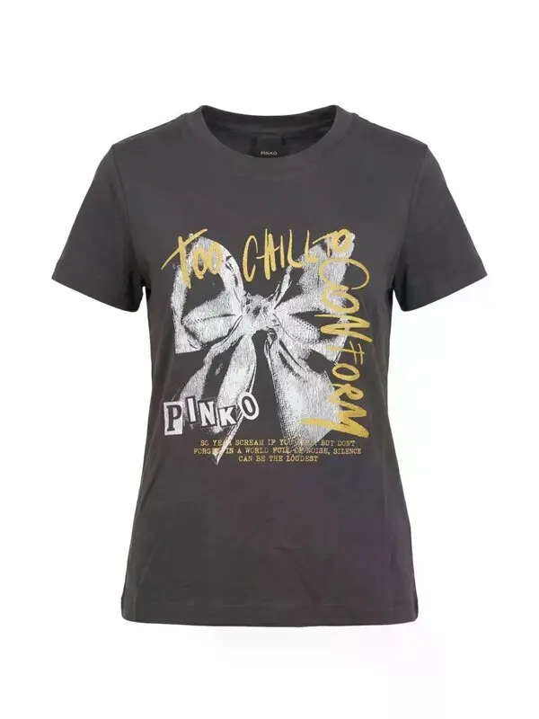 Pinko Charcoal Cotton Bow And Logo Print T-shirt