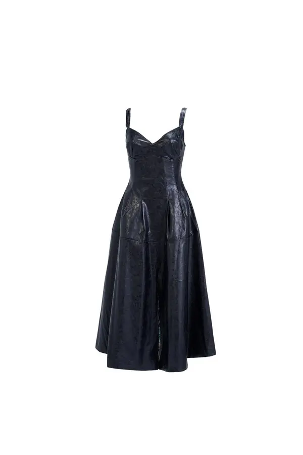 MOV Midi Slit Dress Structured Bustier With Flared Skirt In Vegan Leather