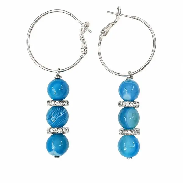 Way To Chic Silver Hoop Earrings With Blue Agate And Crystal Accents - Blue/silver