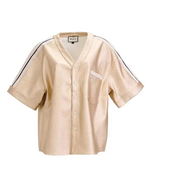 MOV Oversized Vegan Leather Short Sleeve Shirt With Side Stripe Detail