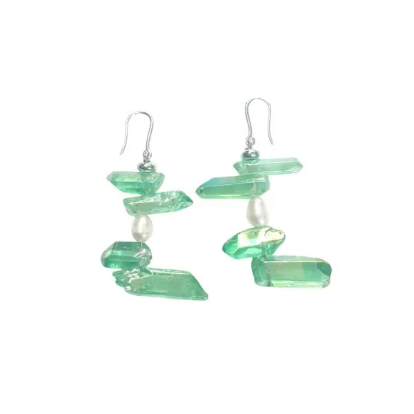 WAY TO CHIC Silver / Green / White Green Quartz And Freshwater Pearl Earrings