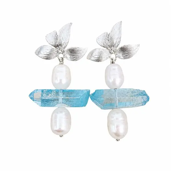 WAY TO CHIC Ocean Bloom Pearl And Crystal Earrings - Blue/white/silver