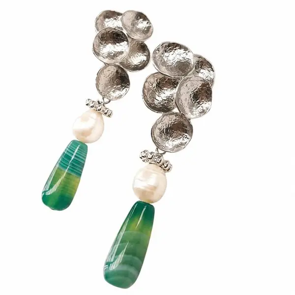 Way To Chic Silver Plated Cascade Earrings With Pearl And Green Agate Drops - Silver/green