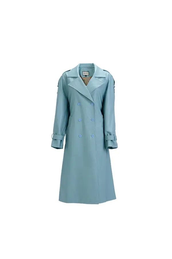 MOV Oversized Trench Coat — Lined Vegan Leather With Artistic Wild Print Interior - Blue