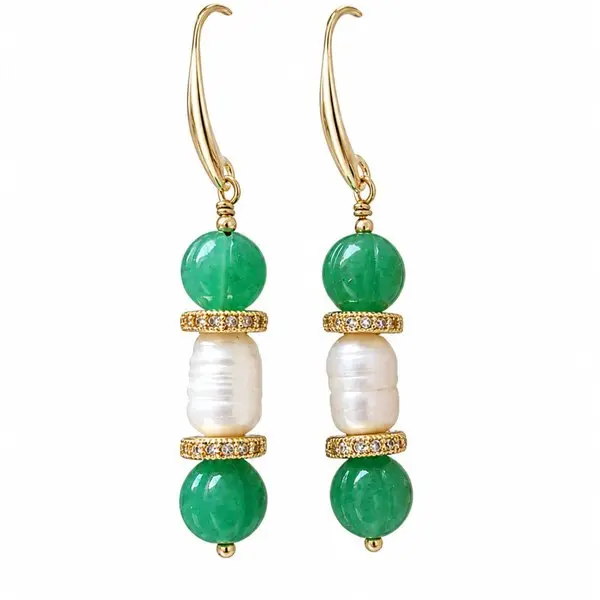 WAY TO CHIC Pearl And Aventurine Drop Earrings With Gold-tone Accents - Green