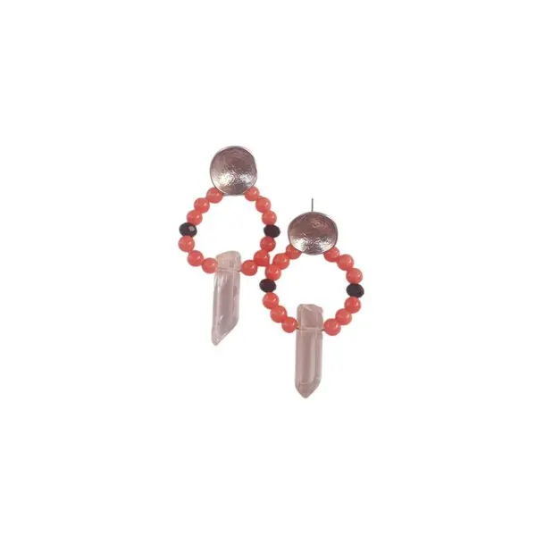 WAY TO CHIC Silver / Orange Quartz And Coral Earrings On Silver Plated Studs