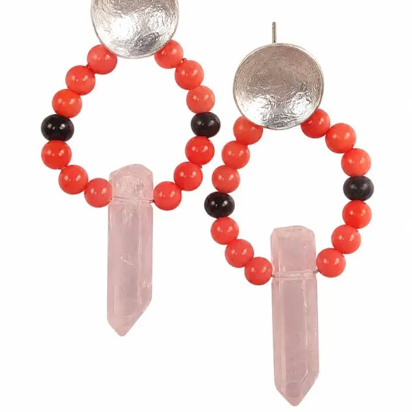 Way To Chic Silver Plated Earrings With Orange Coral, Black Jade, And Quartz - Silver/orange