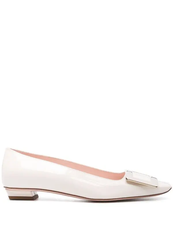 ROGER VIVIER Belle Vivier Patent Leather Flats With Gold-tone Buckle - White
