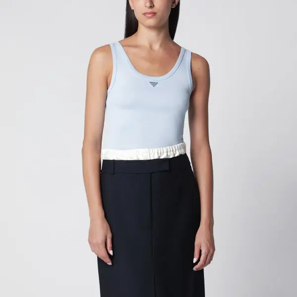 Prada Ribbed Cotton Top With Triangle Logo - Light Blue