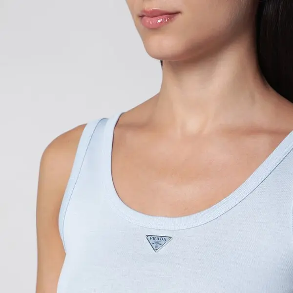 Prada Ribbed Cotton Top With Triangle Logo - Light Blue