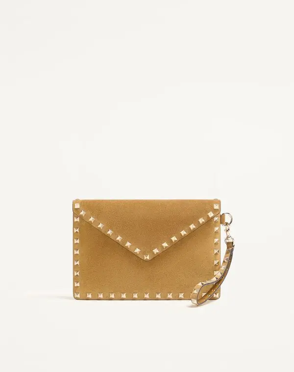 Valentino Garavani Rockstud Suede Clutch Bag - Havana Beige