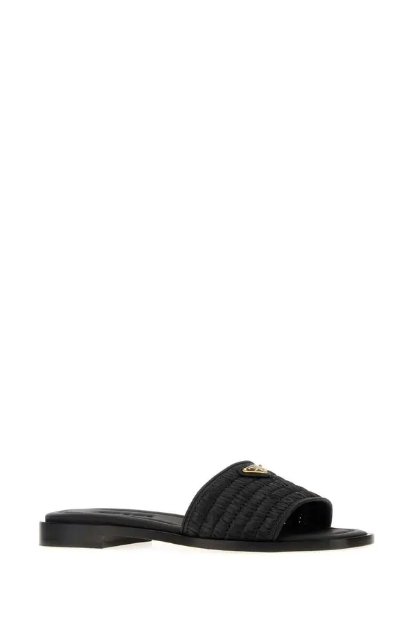 Prada Raffia And Leather Slippers - Black