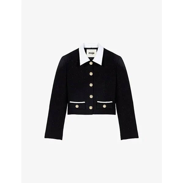 Maje Cropped Tweed Jacket With Detachable Collar And Cuffs