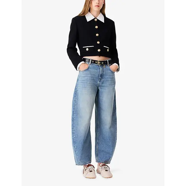 Maje Cropped Tweed Jacket With Detachable Collar And Cuffs