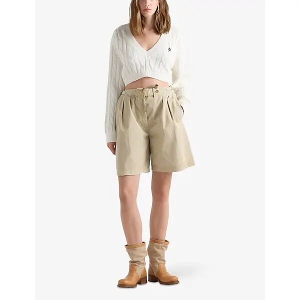 Prada V-neck Cable-knit Cotton Cropped Jumper