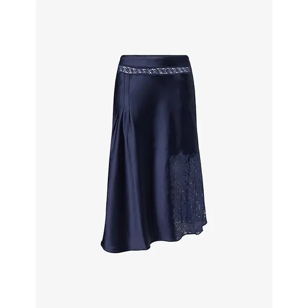 DAMSON MADDER Elea Lace-trim Satin Midi Skirt - Navy