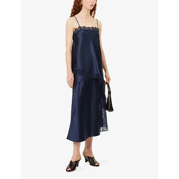 DAMSON MADDER Elea Lace-trim Satin Midi Skirt - Navy