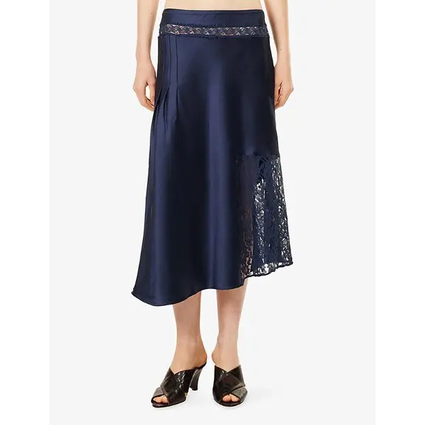 DAMSON MADDER Elea Lace-trim Satin Midi Skirt - Navy