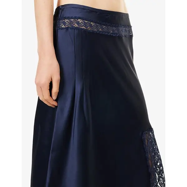 DAMSON MADDER Elea Lace-trim Satin Midi Skirt - Navy
