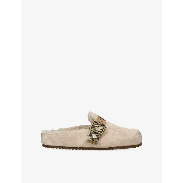 Burberry Checked Suede Clog Mules With Buckle Detail - Beige