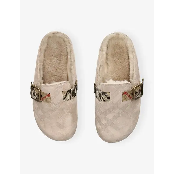 Burberry Checked Suede Clog Mules With Buckle Detail - Beige