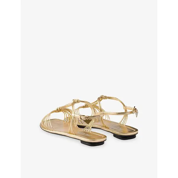 Prada Leather Flat Sandals With Knot Detailing - Gold/silver